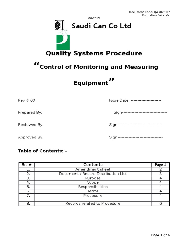 Control of Monitoring and Measuring Equipment | PDF | Calibration ...