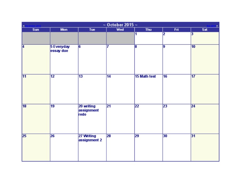 October Calendar | PDF | Teaching Methods & Materials