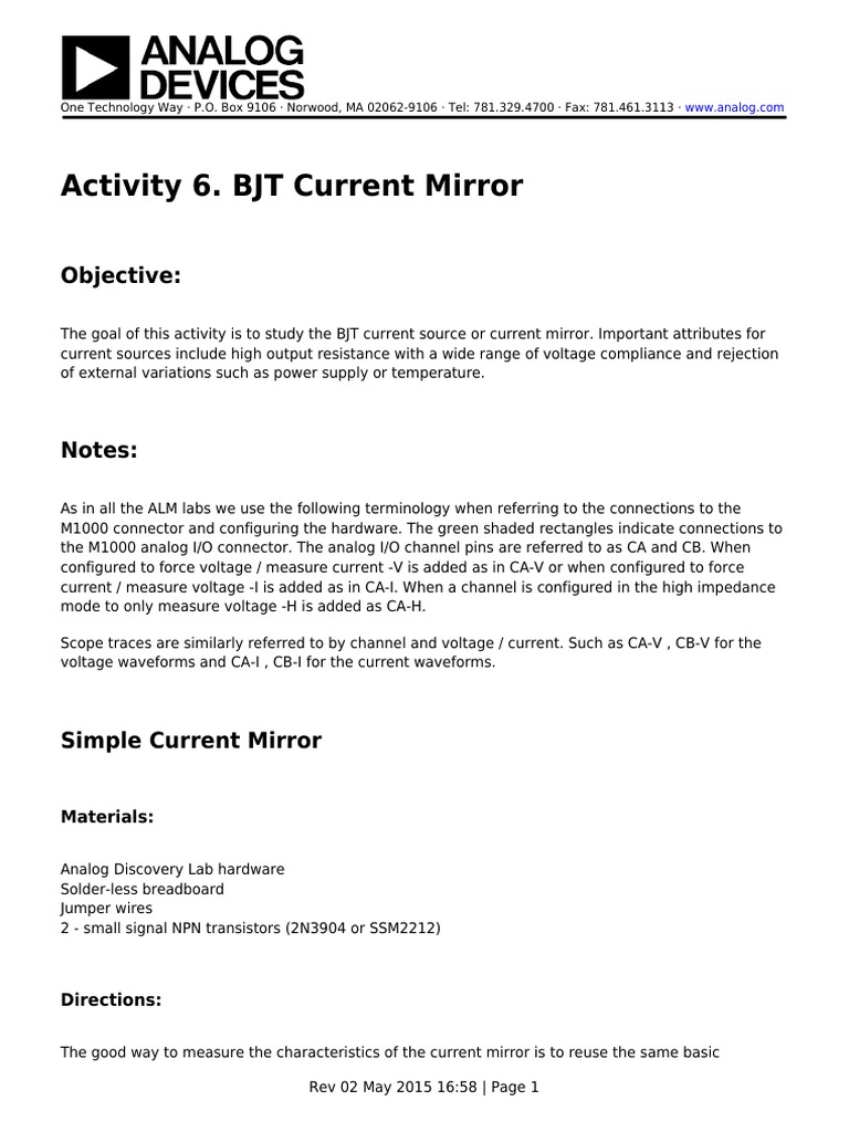 Activity 6. BJT Current Mirror | PDF | Bipolar Junction Transistor | Transistor
