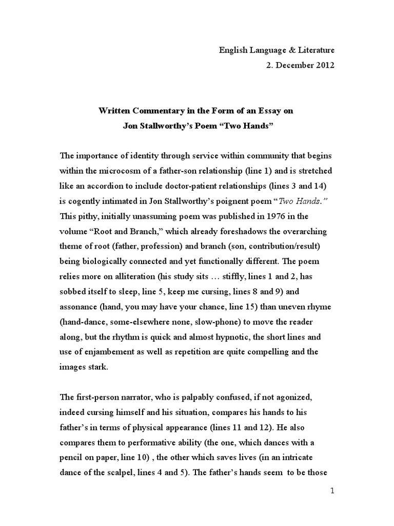 Written Commentary On Poem Two Hands | PDF | Poetry | Linguistic Morphology