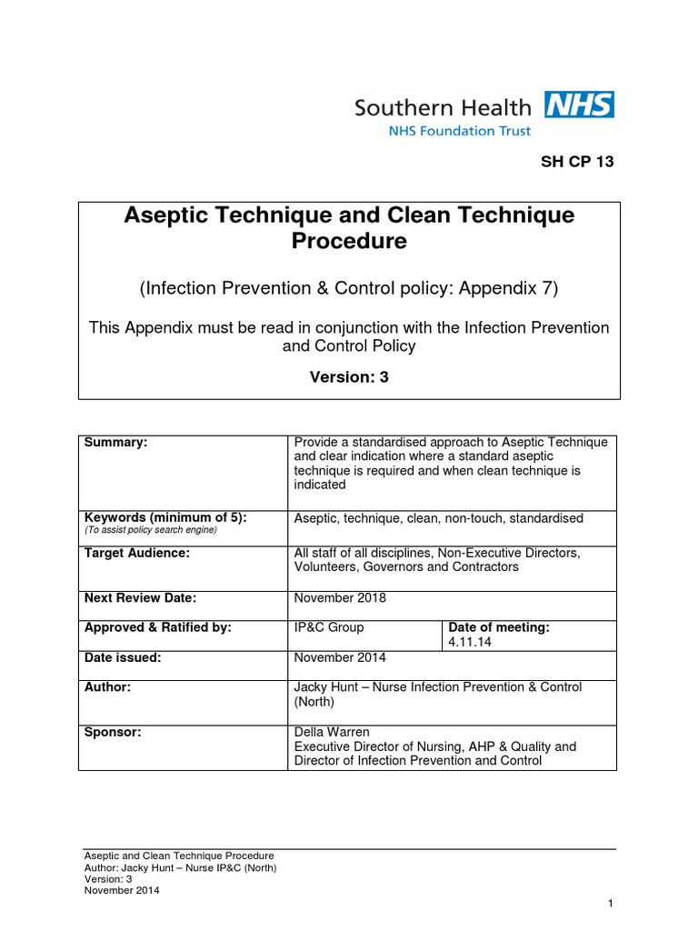 Aseptic Technique and Clean Technique Procedure V3x | PDF | Surgery | Wound