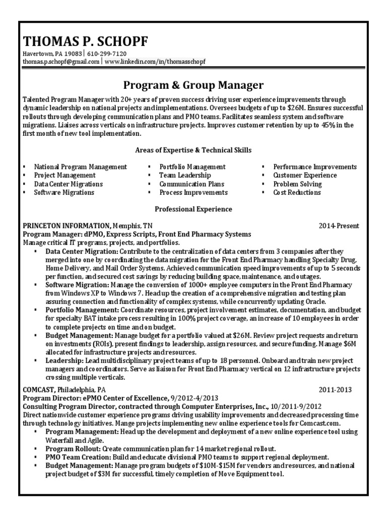 Program Manager Resume Overview | PDF | Comcast | Verizon Communications
