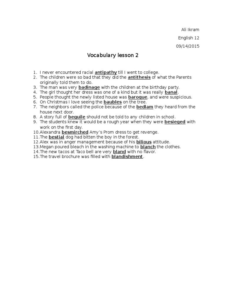Vocabulary Lesson 2 Examples | PDF