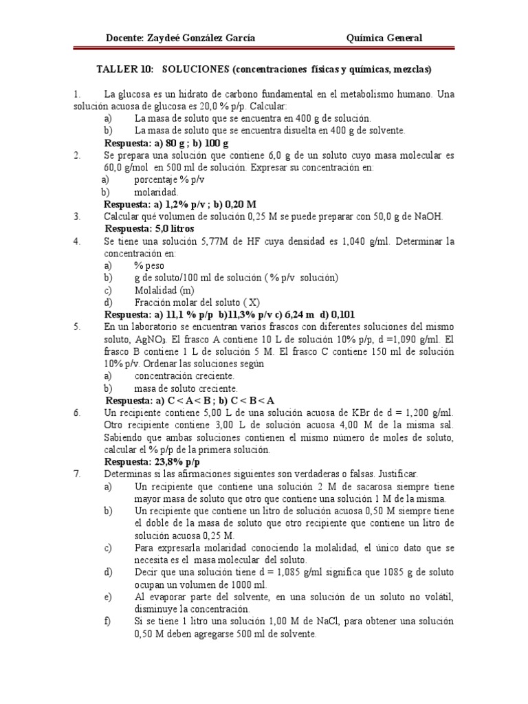 Taller de Soluciones Químicas: Cálculos y Concentraciones | PDF ...