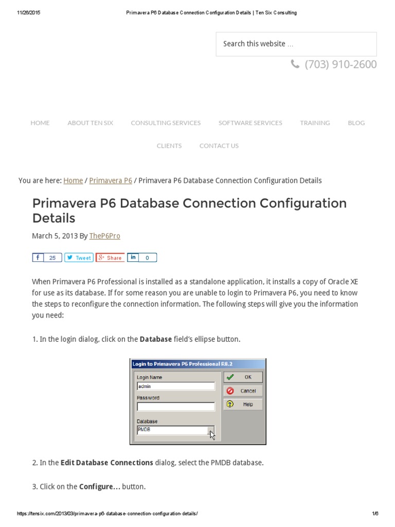 Primavera P6 Database Connection Configuration Details - Ten Six ...