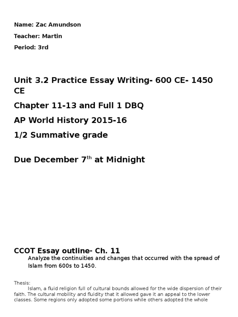 Unit 3.2 Practice Essay Writing-600 CE - 1450 CE Chapter 11-13 and Full ...