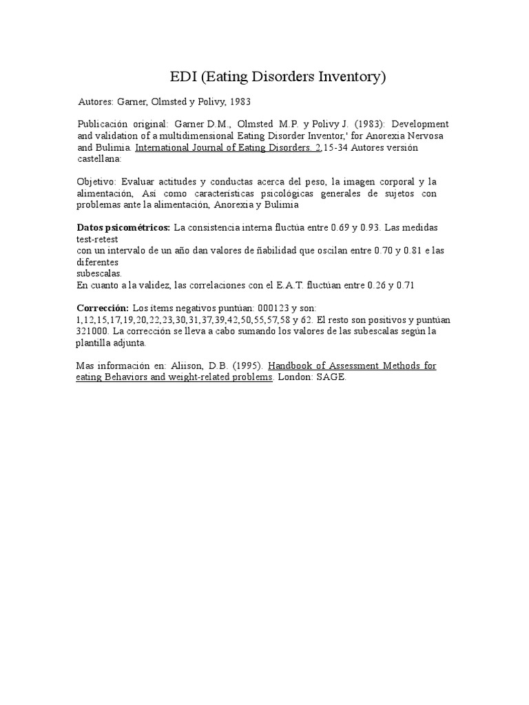EDI (Ficha, Cuestionario) | Descargar gratis PDF | Psicología anormal ...
