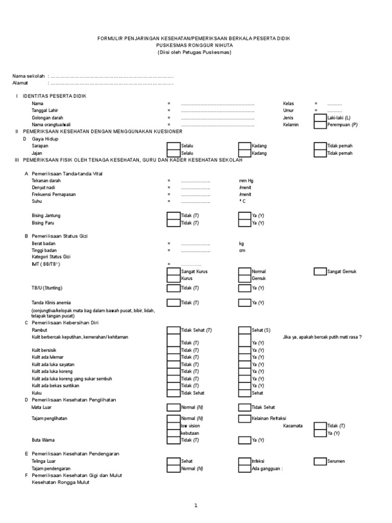 Form Penjaringan Kesehatan | PDF | Kesehatan Holistik