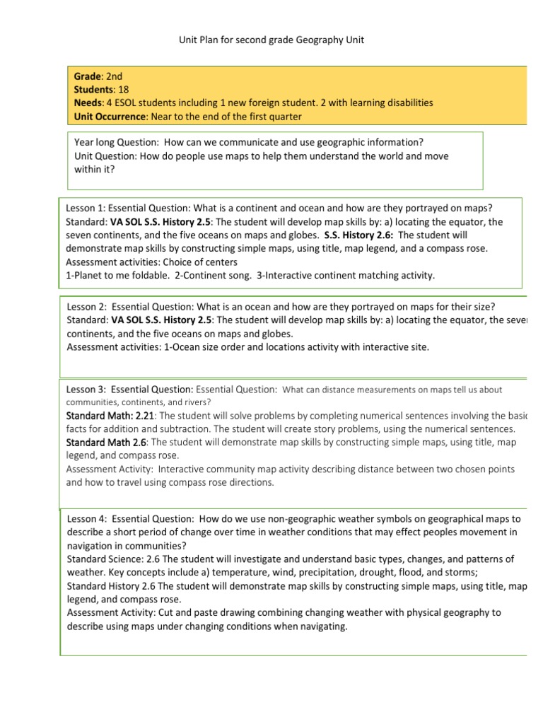 Unit Plan For Second Grade Geography Unit | PDF | Map | Weather