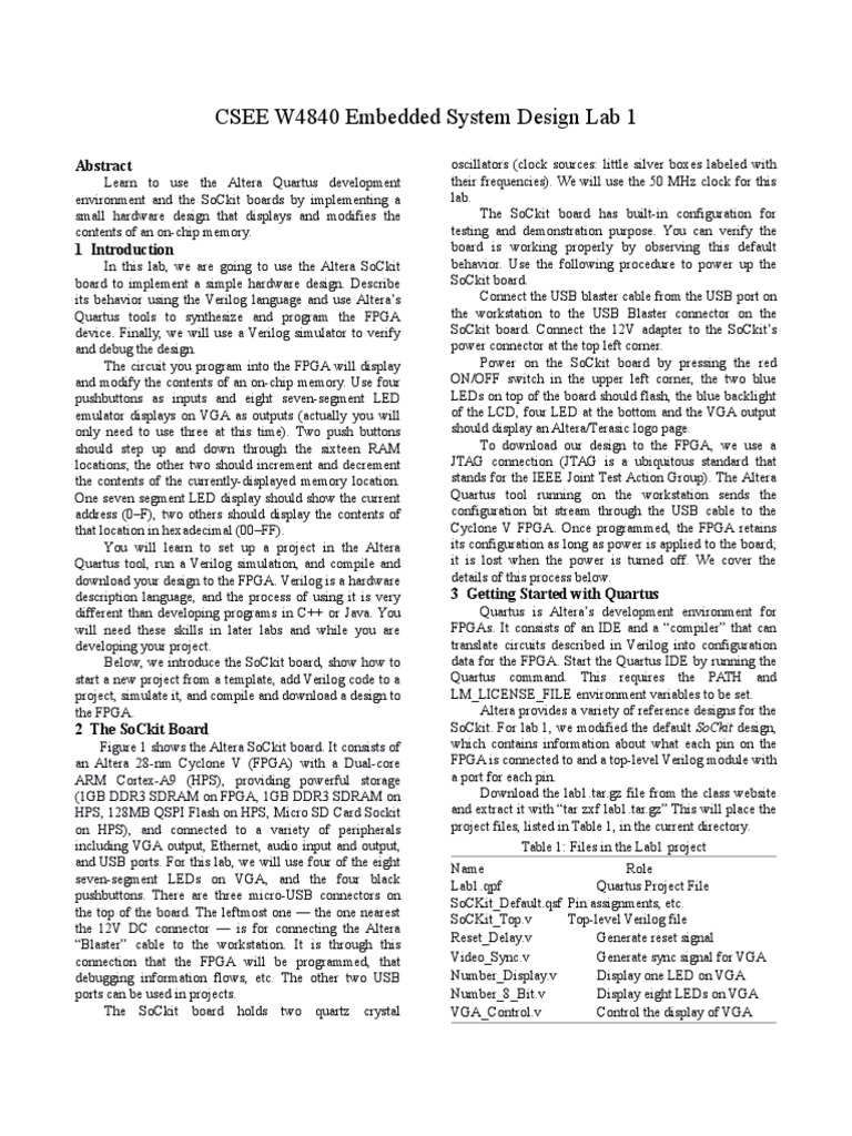 CSEE W4840 Embedded Lab 1 - Memory Display | PDF | Field Programmable Gate Array | Random Access ...