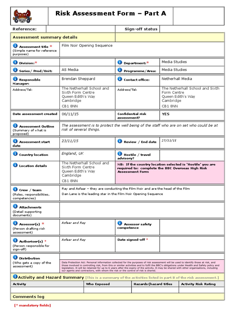 Risk Assessment Form - Part A: Reference: Sign-Off Status Assessment ...