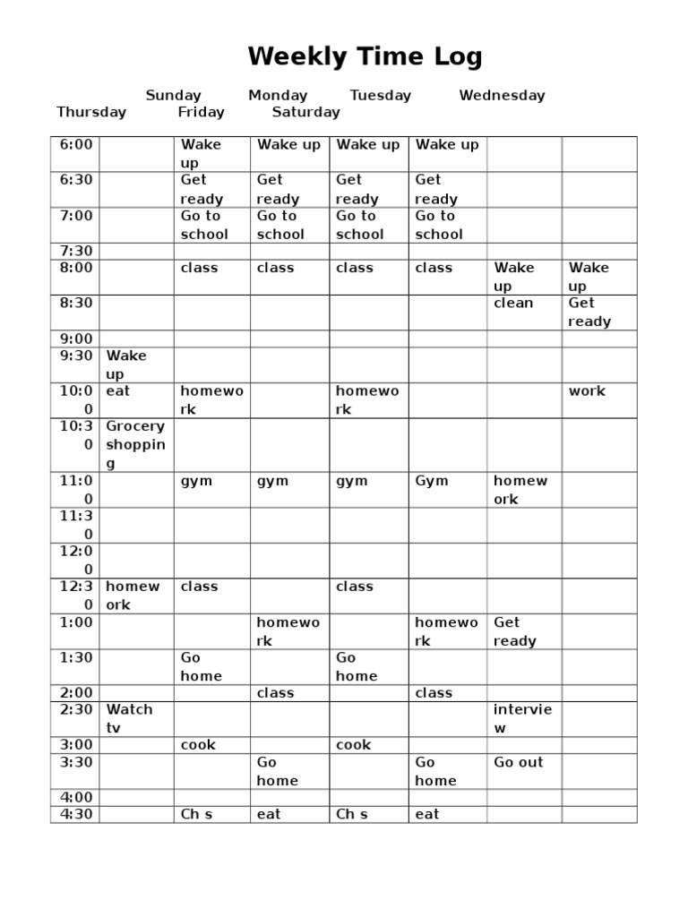 Weekly Time Management Log | PDF | Wellness | Lifestyle