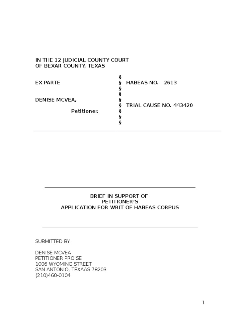 Habeas Corpus Brief of Denise McVea | PDF | Habeas Corpus | Bail