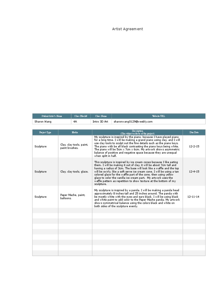 Student Artist Agreement for Sculptures | PDF | Cooking, Food & Wine ...