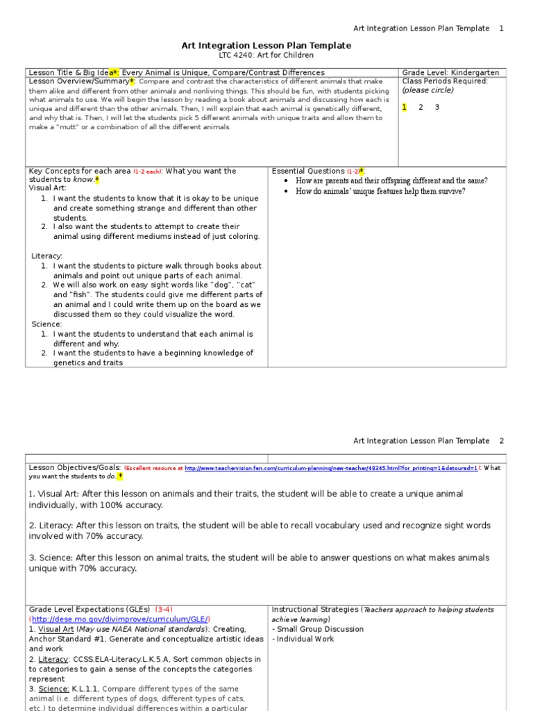 Art Integration Lesson Plan Template | PDF | Lesson Plan | Teaching