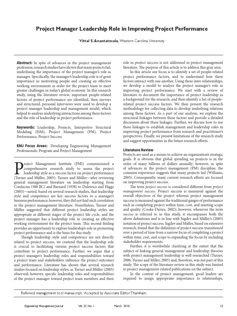 Project Manager Leadership Role in Improving Project Performance | PDF ...