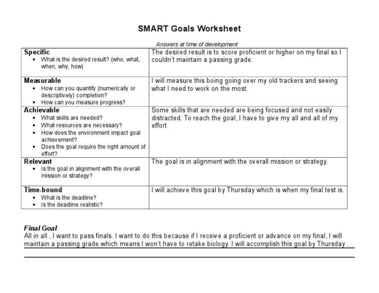 SMART Goals Worksheet for Final Exams | PDF