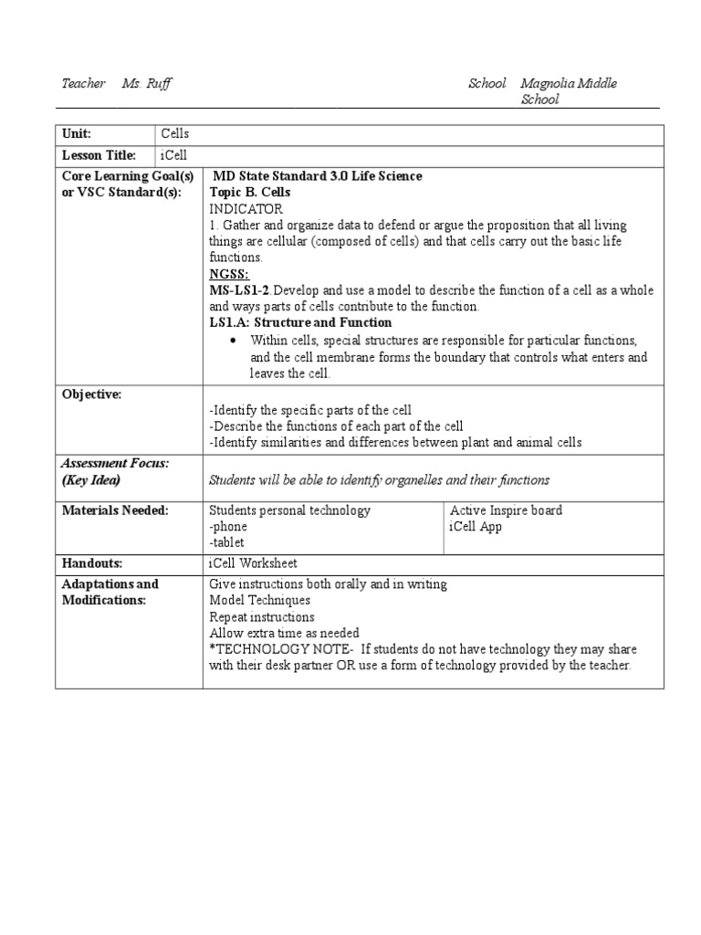 Icell Lesson Plan | PDF | Organelle | Cell (Biology)