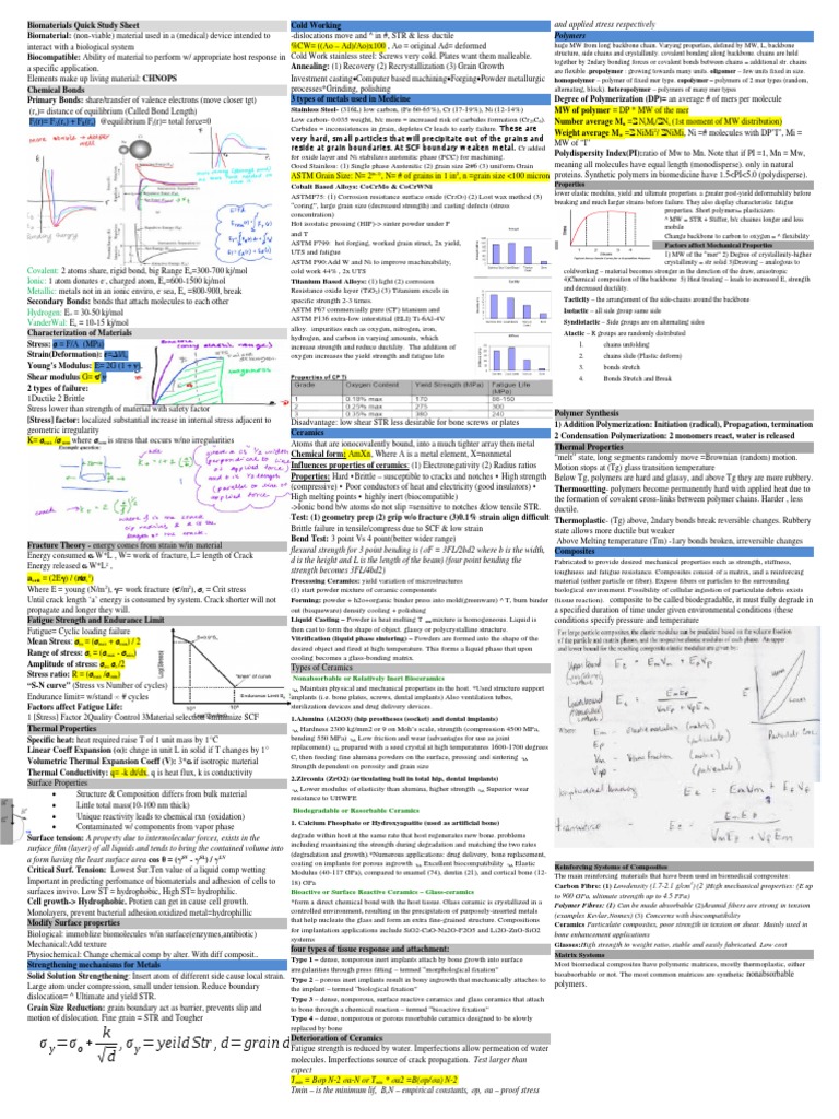 Biomaterials Quick Study Sheet | PDF | Bone | Polymers