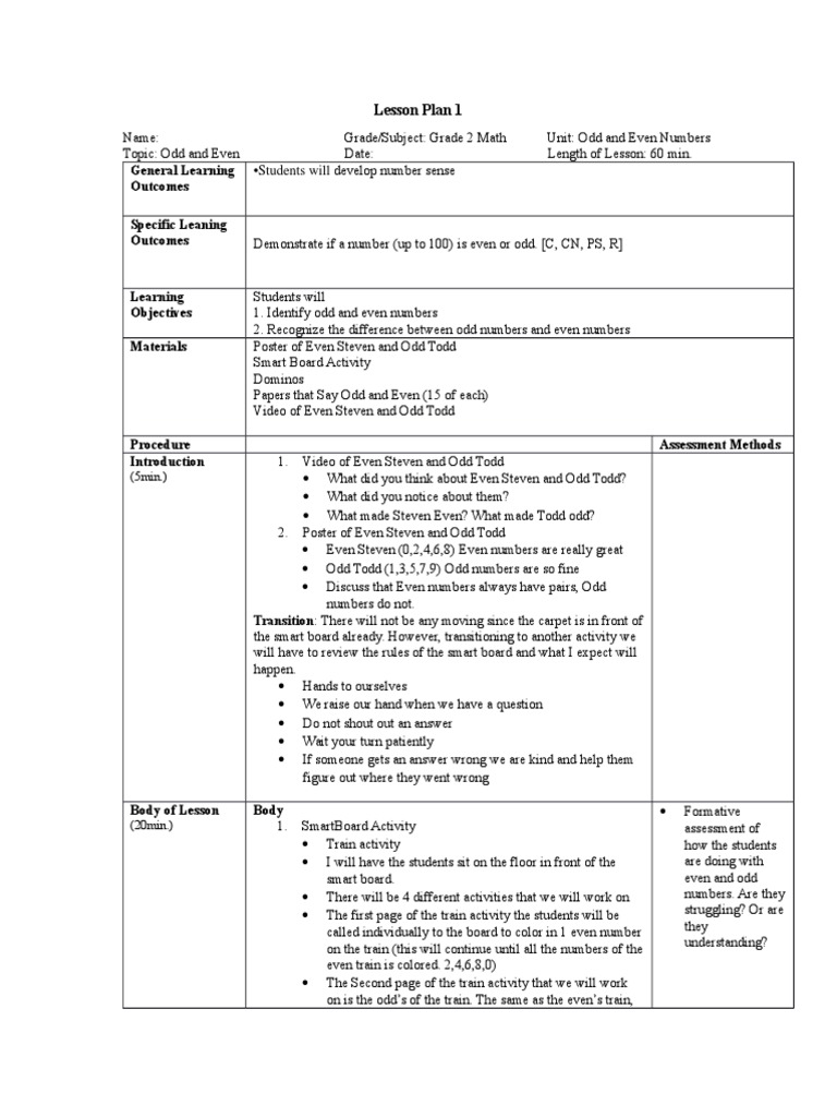 Grade 2 Math: Odd and Even Lesson Plan | PDF