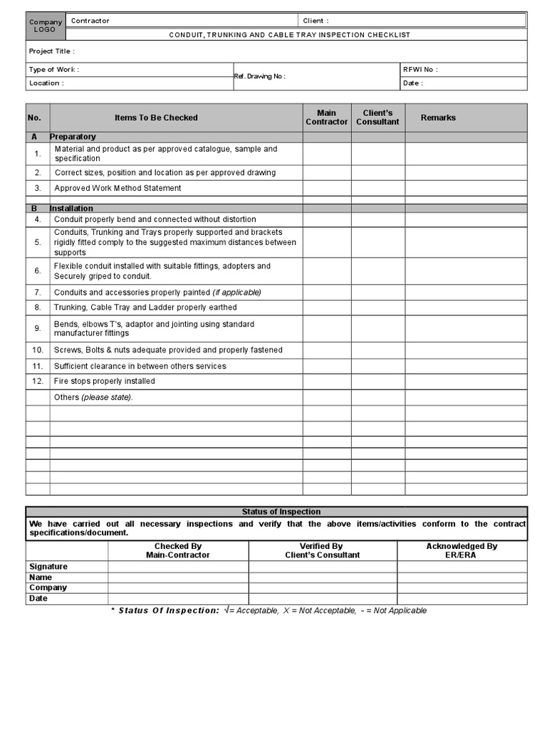 E - Conduit, Trunking and Cable Tray INSPECTION CHECKLIST | PDF
