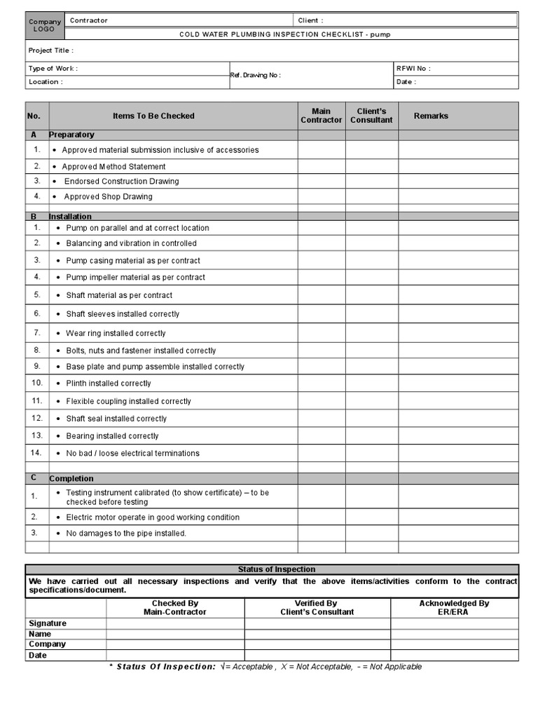 Cold Water Pump Inspection Checklist | PDF
