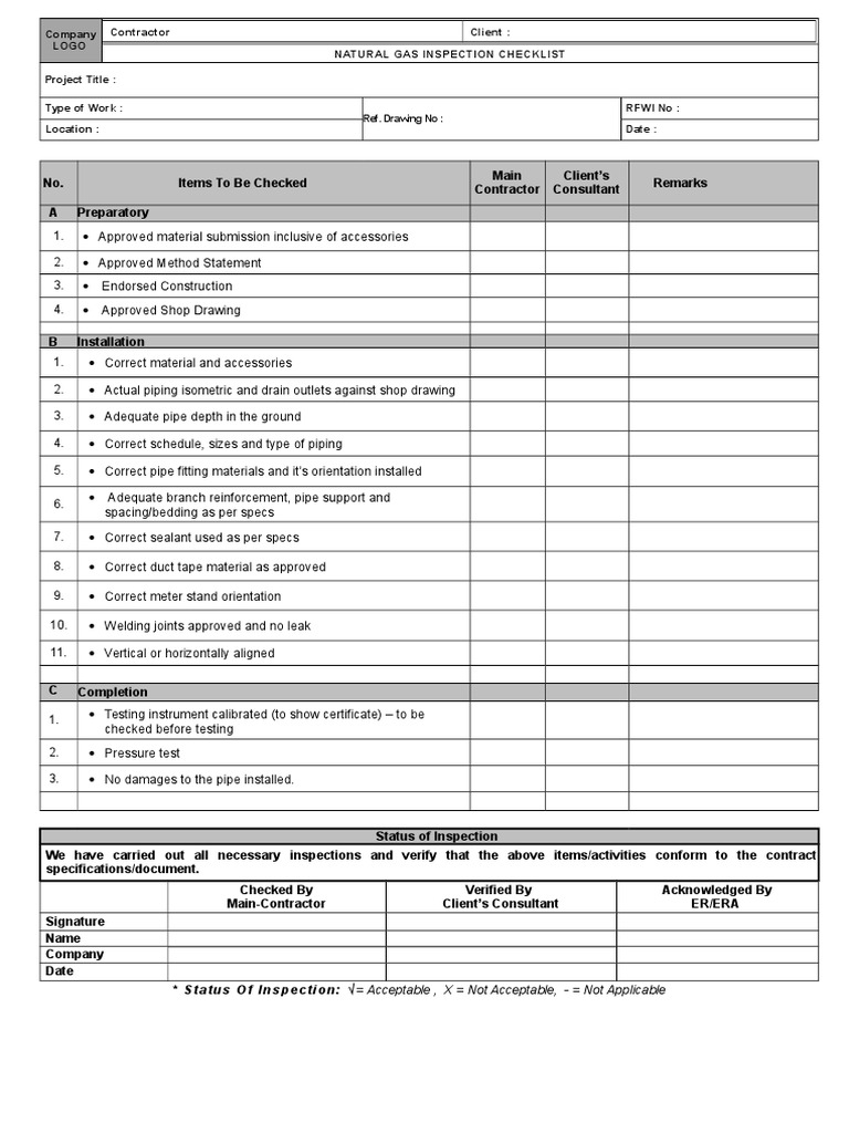 M - NG - Pipework INSPECTION CHECKLIST | PDF
