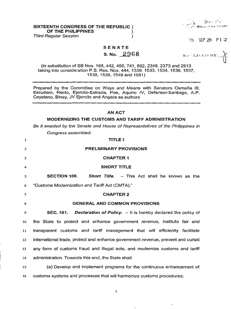 Senate Bill 2968 - Customs Modernization and Tariff Act | PDF | Customs ...