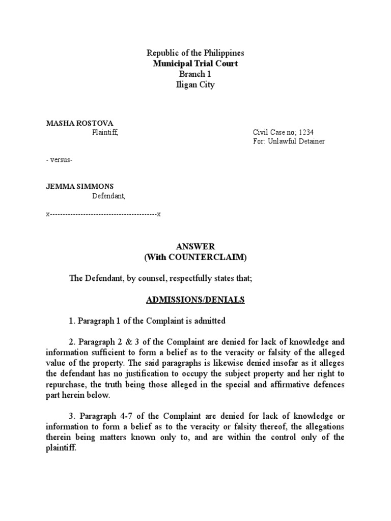 Defendant's Answer and Counterclaim in a Civil Case for Unlawful ...