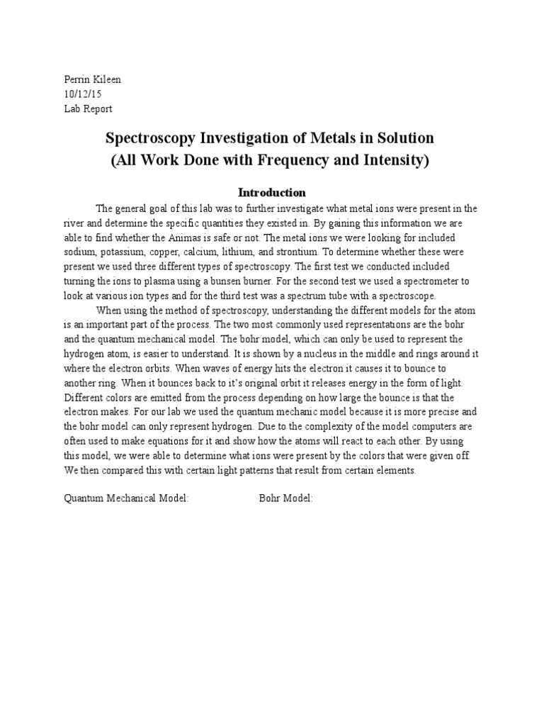 Spectroscopy Investigation of Metals in Solution (All Work Done With ...
