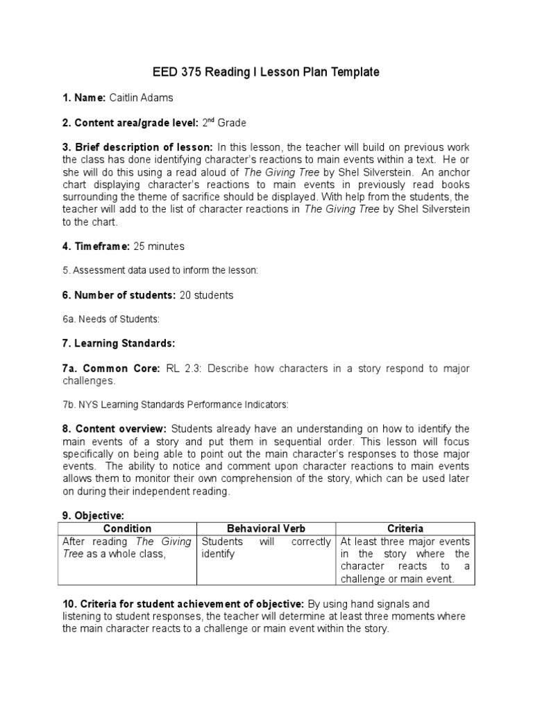 EED 375 Reading I Lesson Plan Template: Describe How Characters in A ...