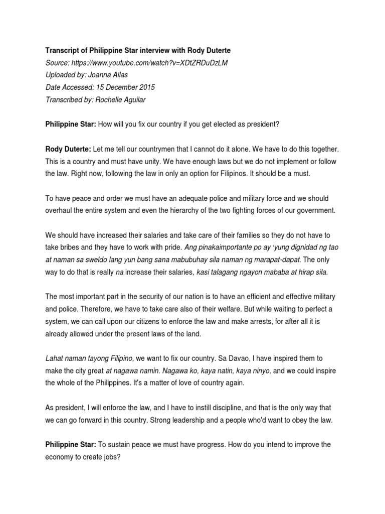 Duterte Interview Transcript Summary | PDF | Rodrigo Duterte | Philippines