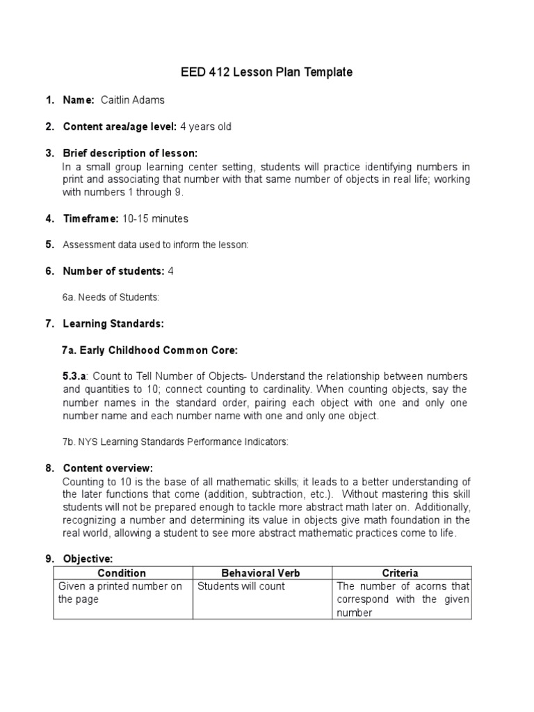 Counting to 10 Lesson Plan for Preschool | PDF | Educational Assessment ...
