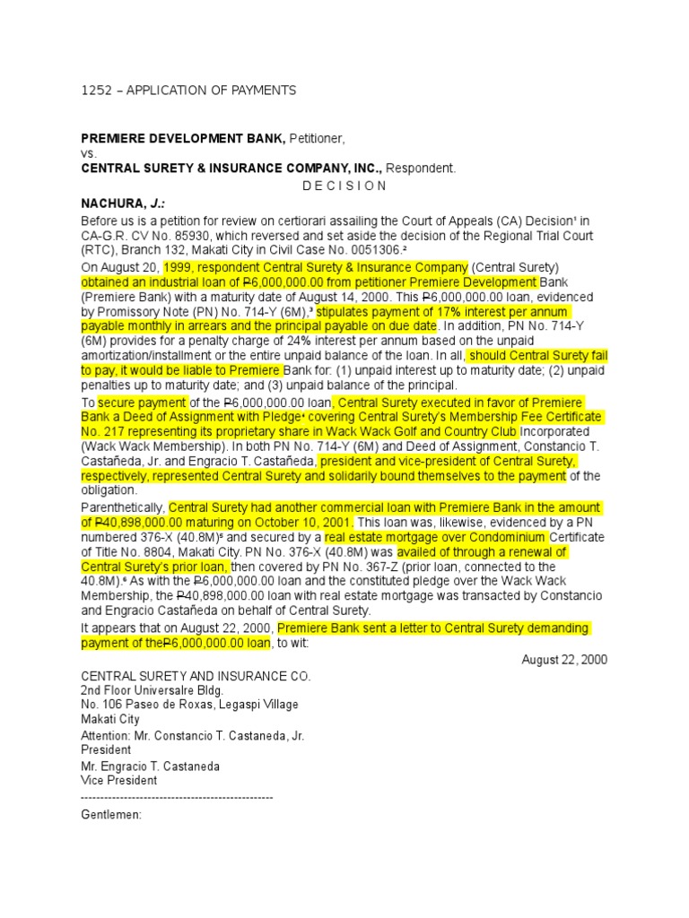 Premiere Development Bank, Petitioner, Central Surety & Insurance ...