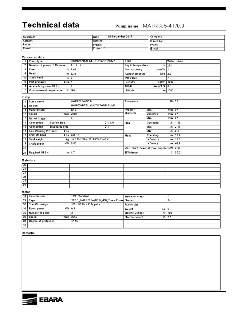 Horizontal MultiStage Pump Data Sheet | Pump | Fluid Mechanics
