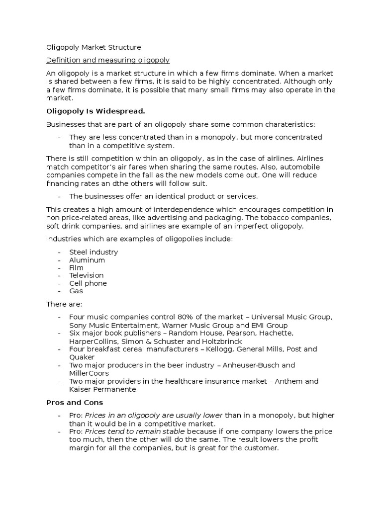 Oligopoly Market Structure Overview | PDF | Oligopoly | Perfect Competition