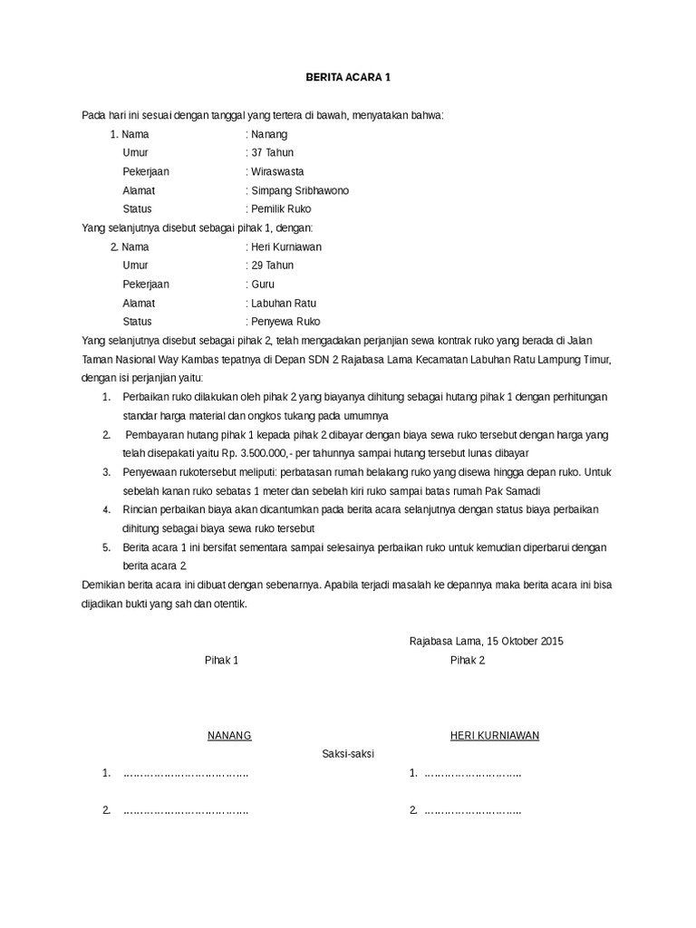 Berita Acara Sewa Ruko | PDF