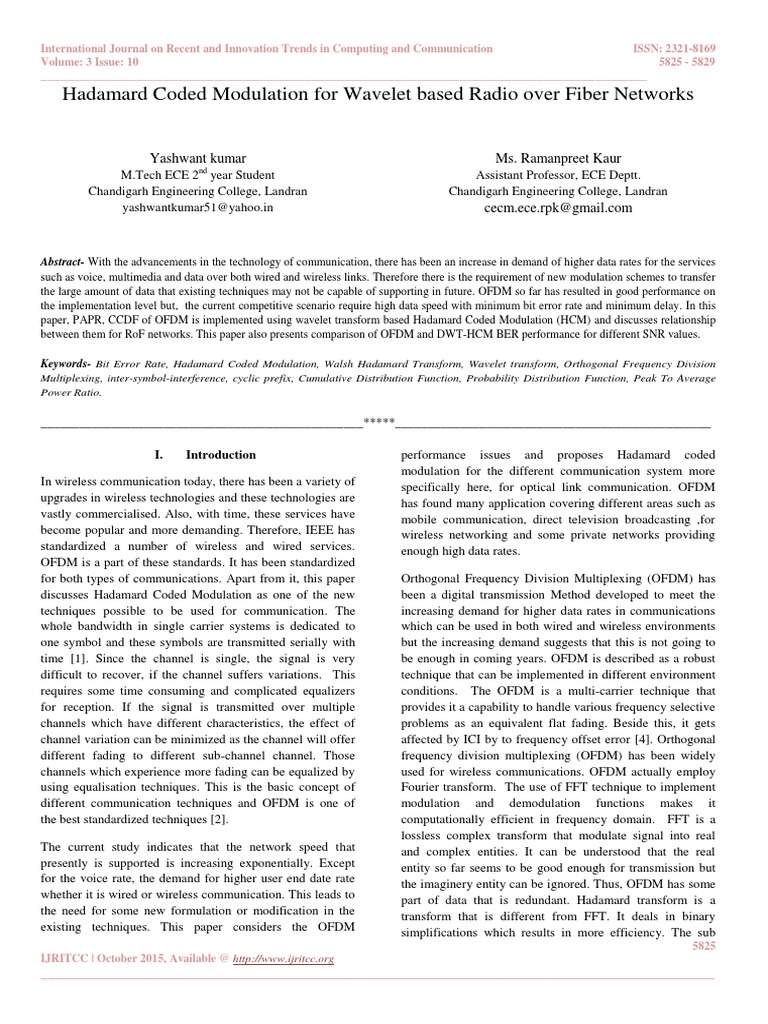 Hadamard Coded Modulation For Wavelet Based Radio Over Fiber Networks | Download Free PDF ...