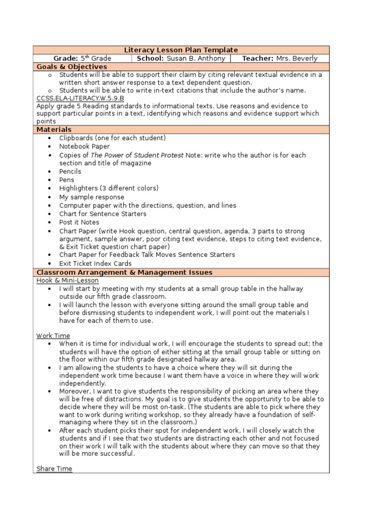 Literacy Lesson Plan Template Grade: 5 School: Susan B. Anthony Teacher ...