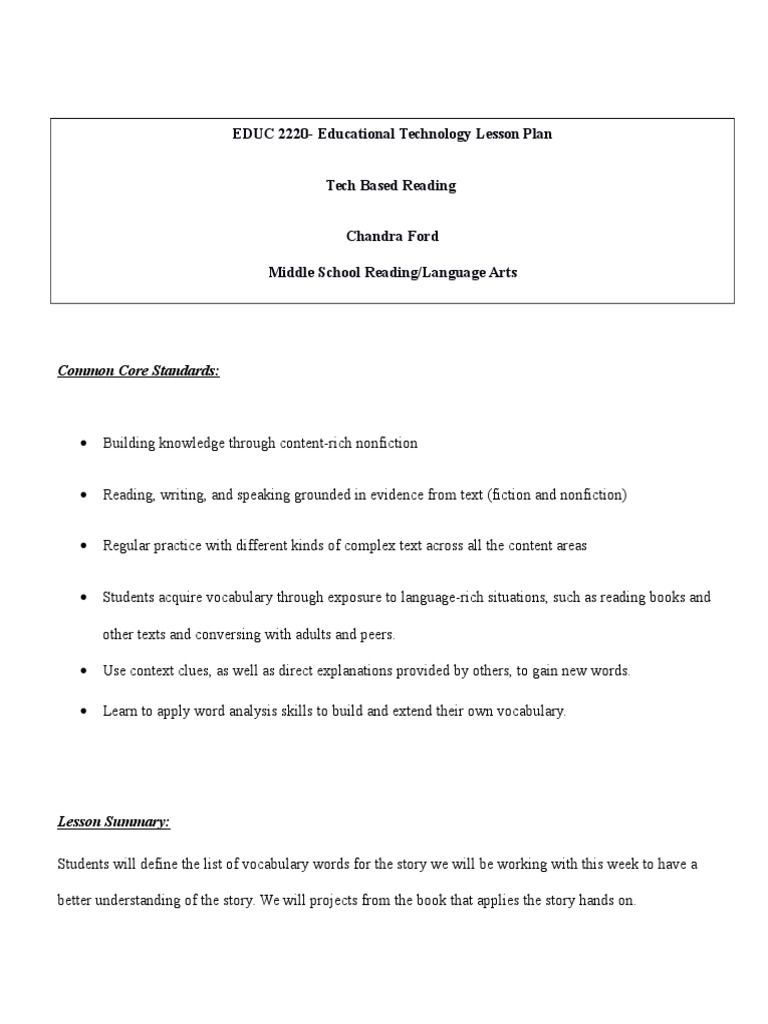 EDUC 2220-Educational Technology Lesson Plan Tech Based Reading | PDF | Vocabulary | Reading ...