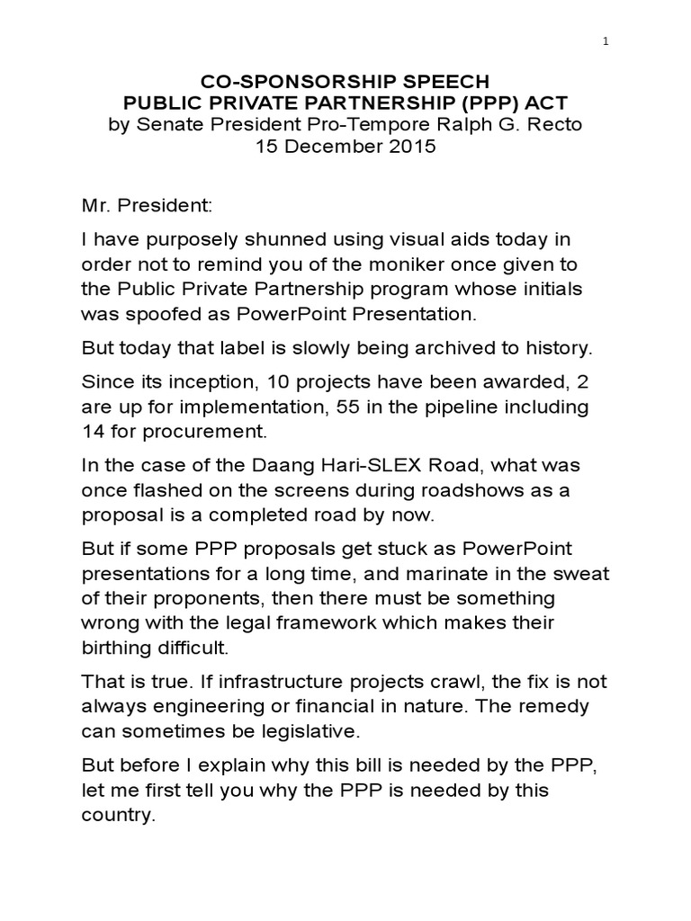 PPP Co-Sponsorship Speech | PDF | Public–Private Partnership | Taxes