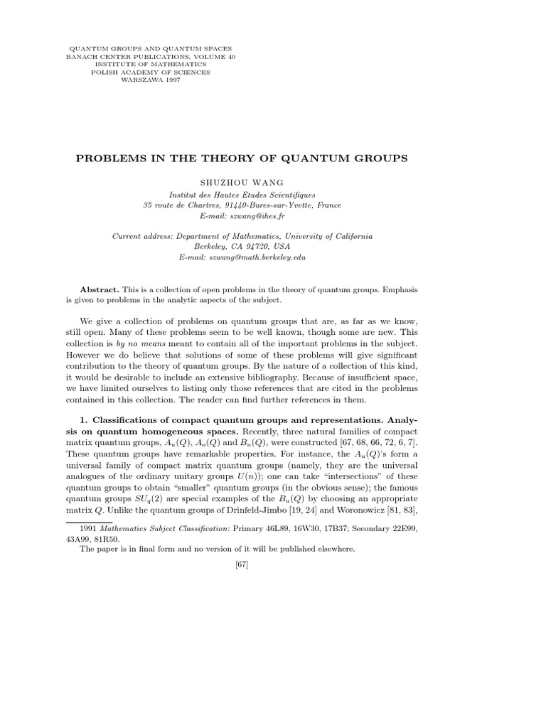 Problems in The Theory of Quantum Groups | PDF | Lie Groups | Group ...