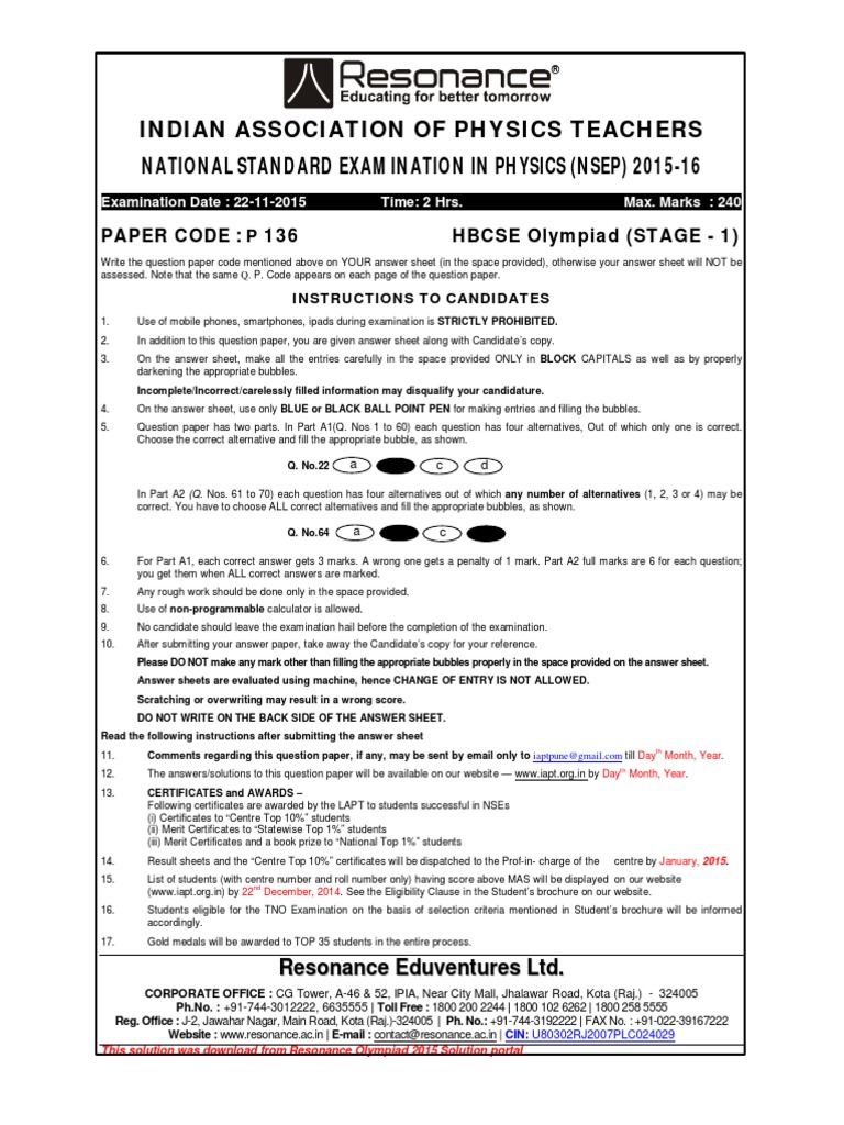 Indian Association Of Physics Teachers: National Standard Examination ...