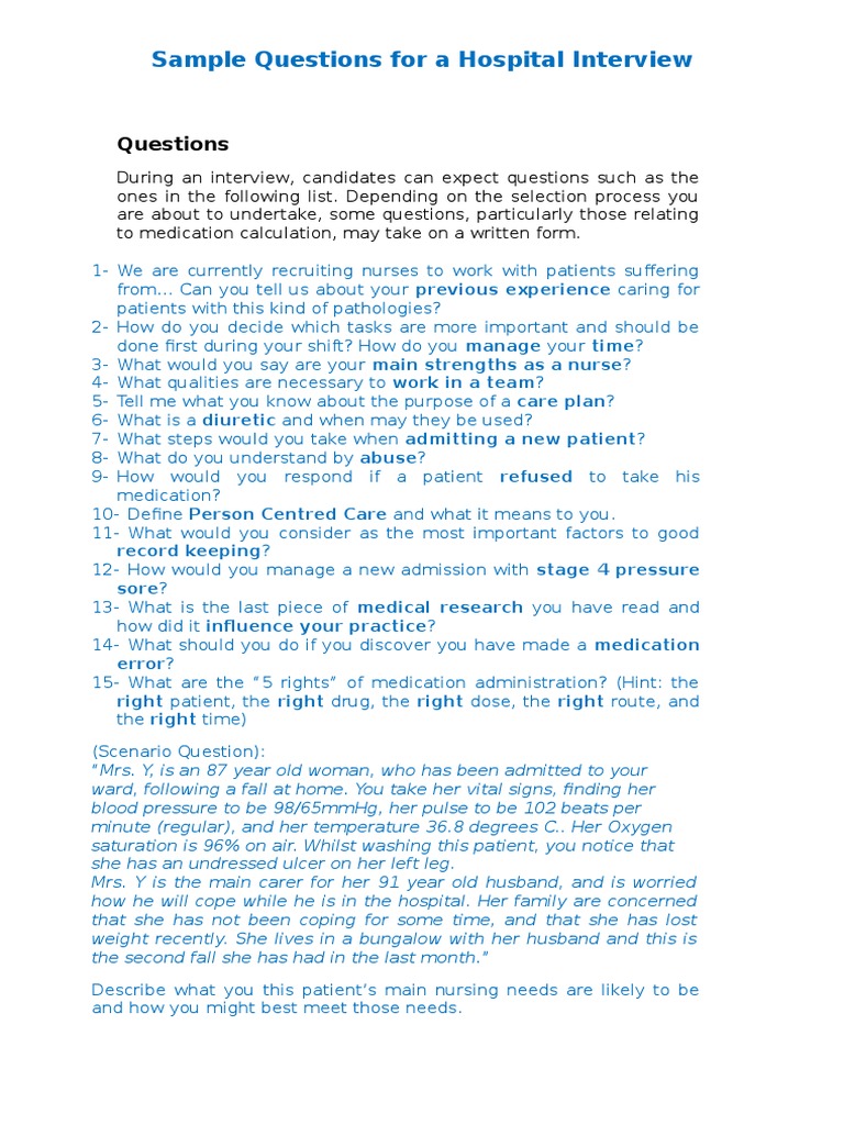 Interview Hospital Questions Nurses | PDF | Nursing | Patient