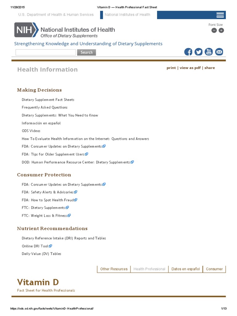 Vitamin D - Health Professional Fact Sheet | PDF | Vitamin D | Osteoporosis