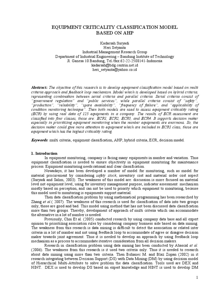 Equipment Criticality Classification Model | PDF | Reliability ...