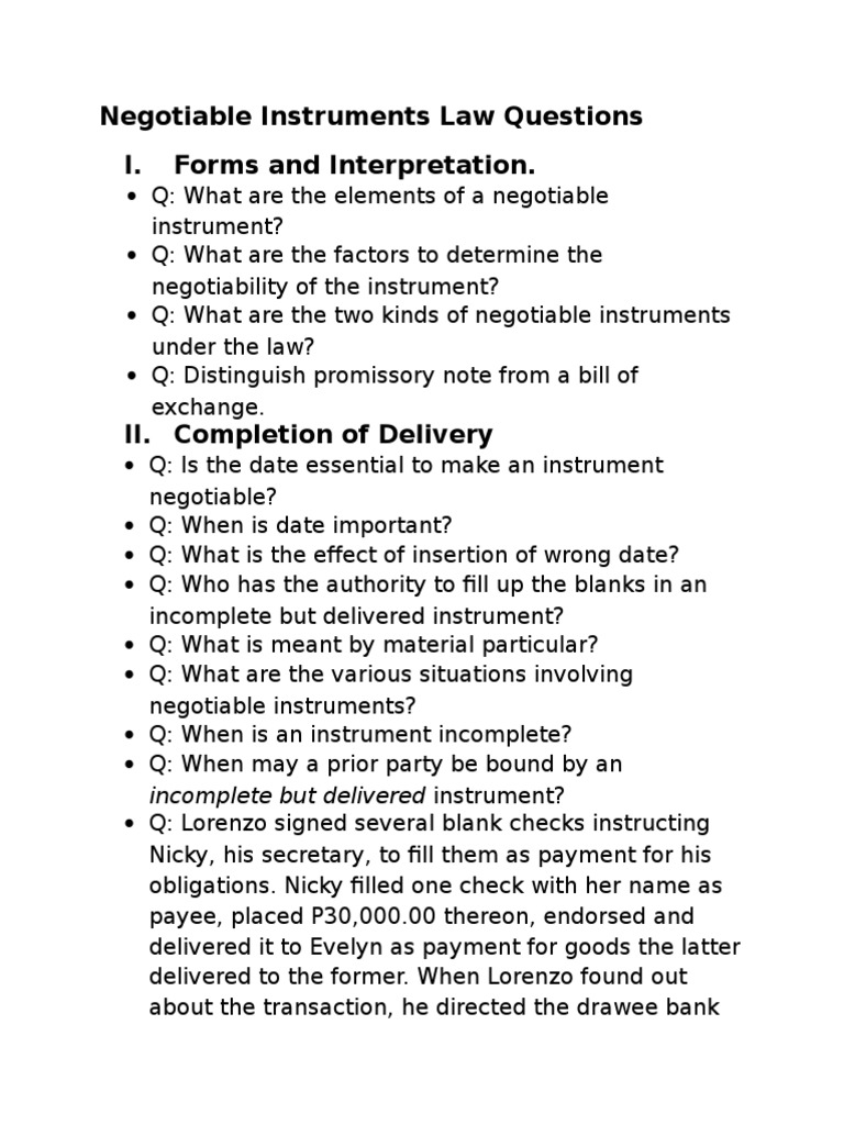 Negotiable Instruments Law Questions | PDF | Negotiable Instrument | Forgery