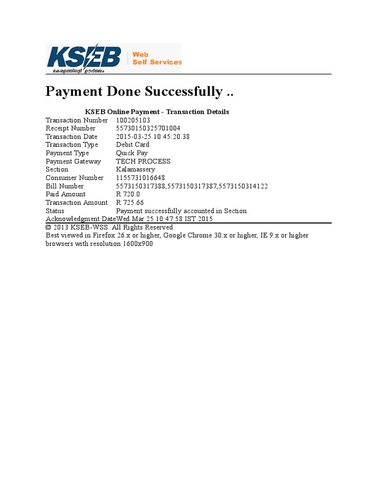 Payment Done Successfully KSEB Online Payment Transaction Details PDF