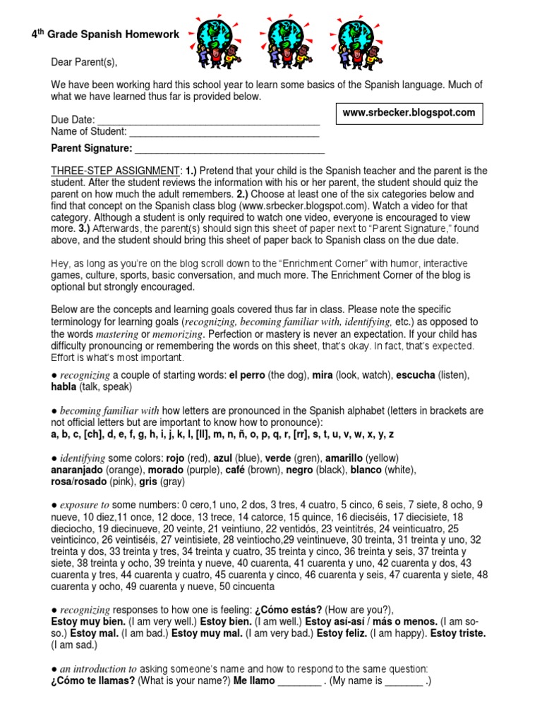 4th Grade Spanish Homework, 1st Assignment | PDF | Homework | Semiotics