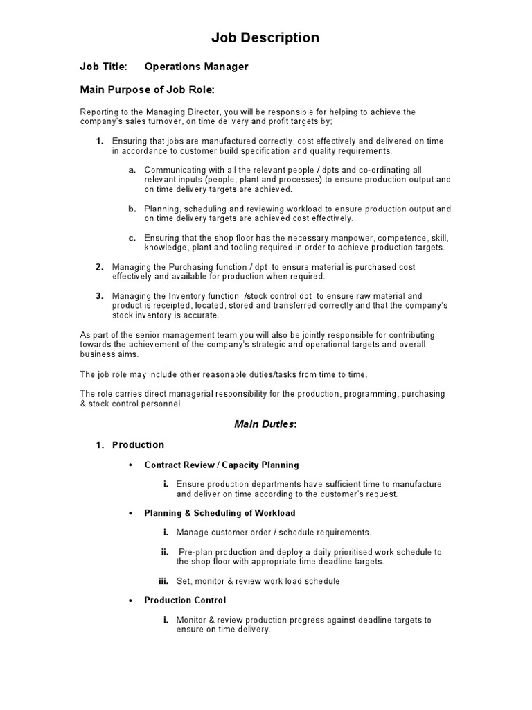 Job Description - Operations Manager | PDF | Lean Manufacturing | Inventory
